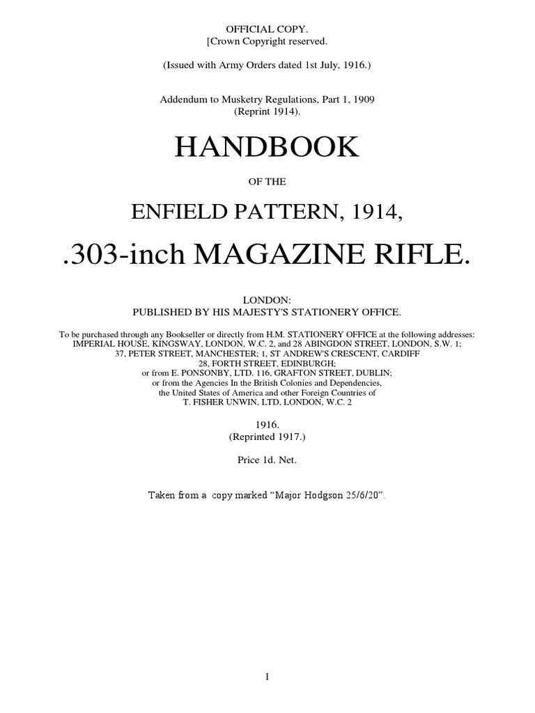 Handbook of The Enfield Pattern 1914 - Official Copy - 1917 | PDF ...