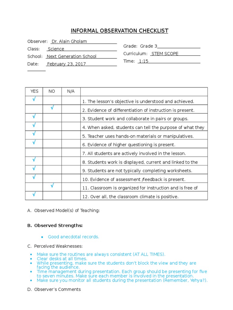 Informal Observation Checklist | PDF