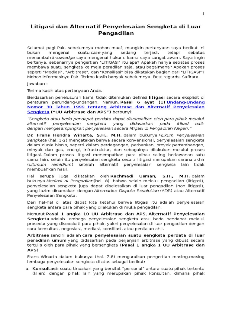 Litigasi Dan Alternatif Penyelesaian Sengketa Di Luar Pengadilan | PDF