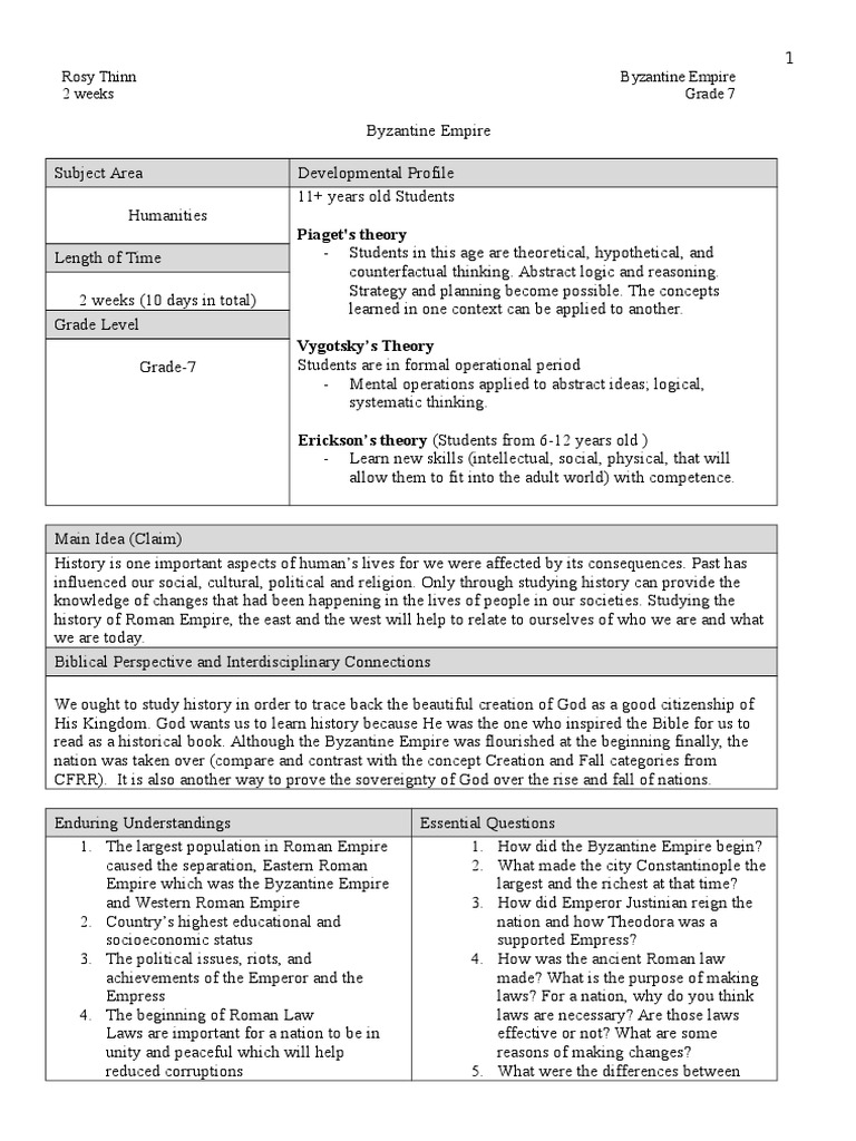 Unit Plan For Byzantine Empire | PDF | Educational Assessment ...
