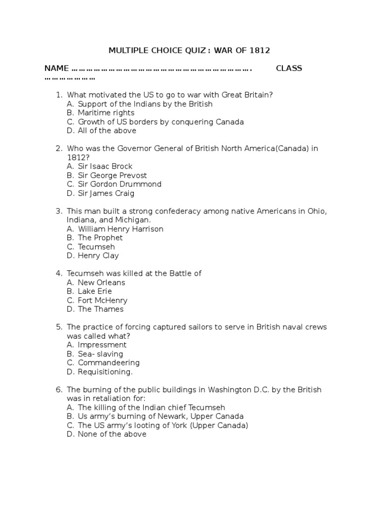 War of 1812 Multiple Choice Quiz | PDF