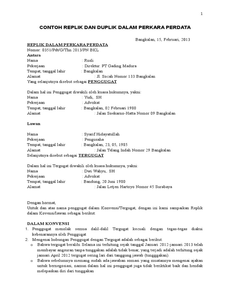 Contoh Replik Dan Duplik Dalam Perkara Perdata | PDF