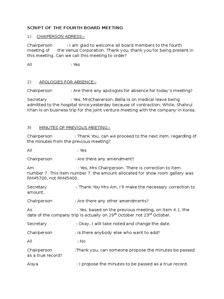 Fourth Board Meeting Script | PDF