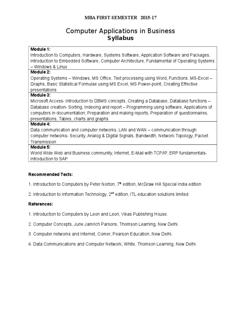 MBA First Semester Computer Applications Syllabus | PDF | Computer ...