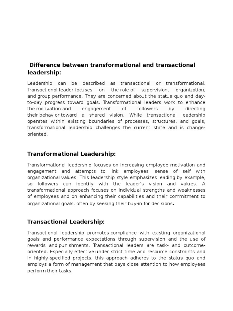 Difference Between Transformational and Transactional Leadership | PDF ... Difference Between Transformational and Transactional Leadership | PDF ...