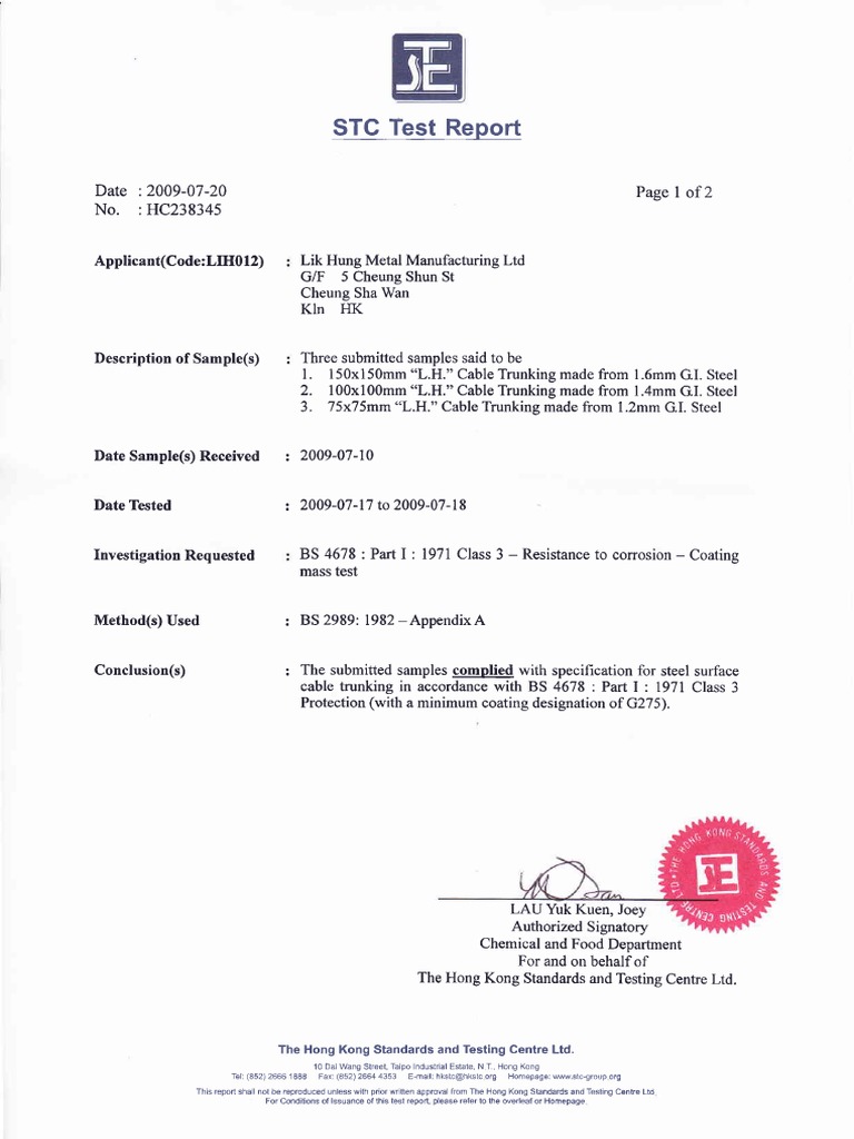 STC Test Report for Cable Trunking | PDF