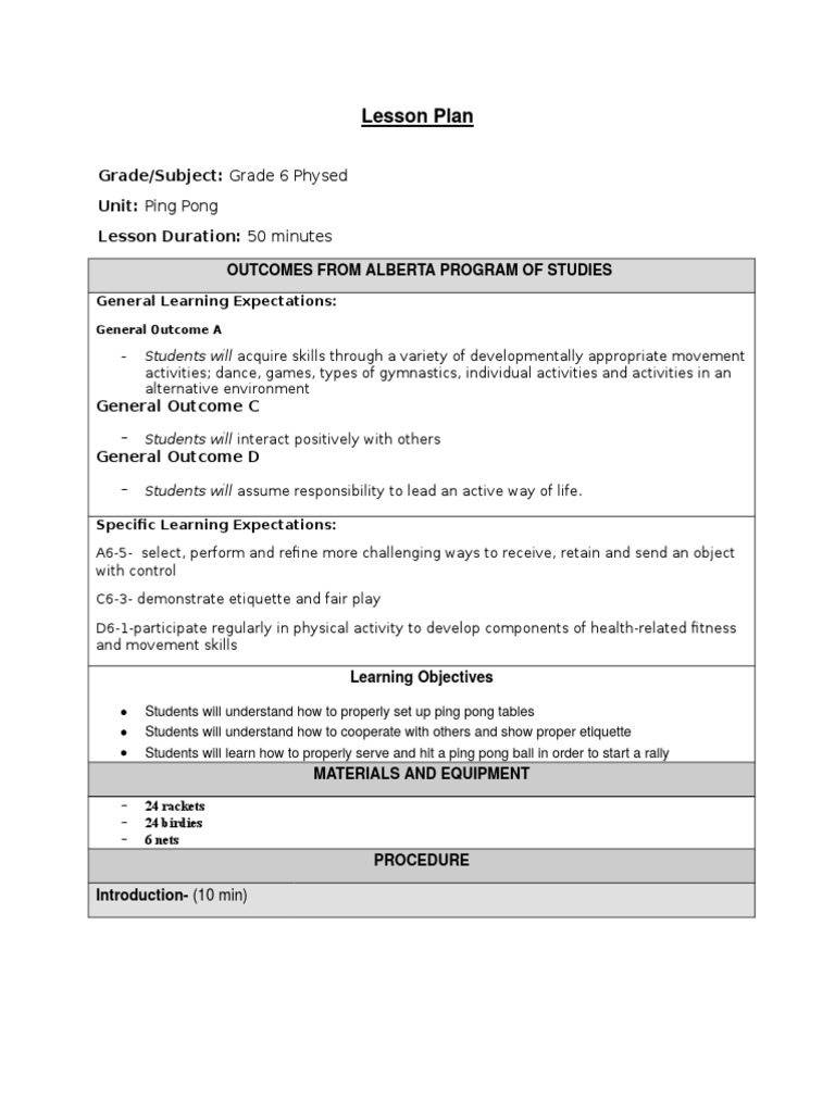 Grade 6 Ping Pong Lesson Plan | PDF | Table Tennis | Teaching