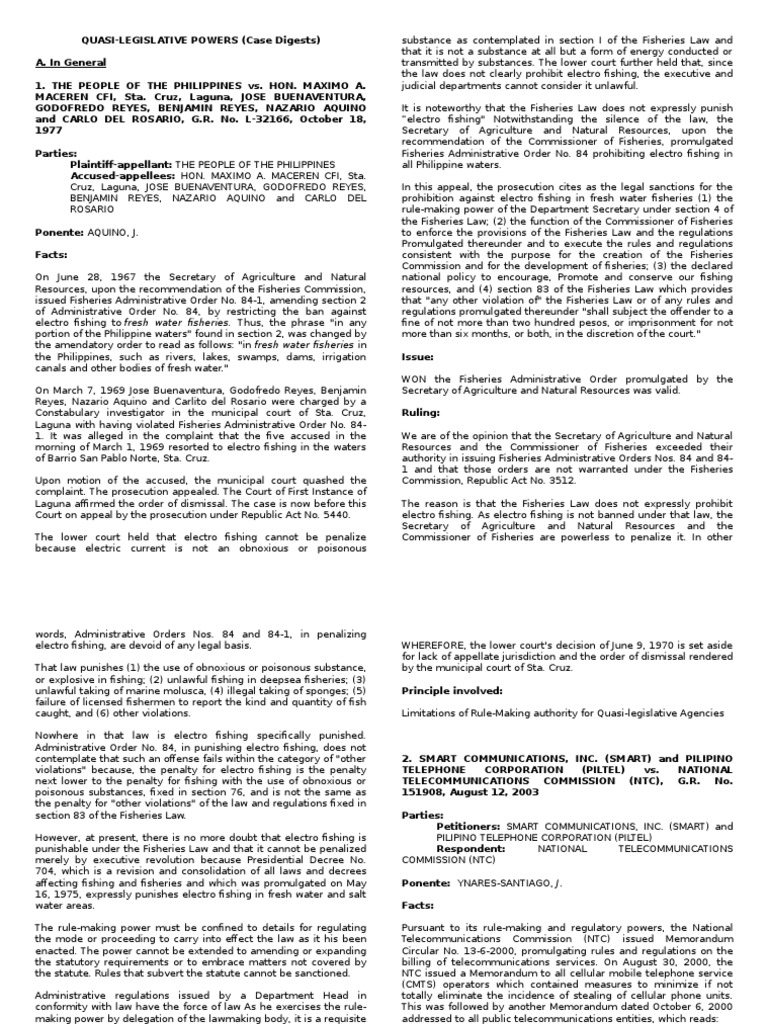Quasi-Legislative Powers (Case Digests) | PDF | Jurisdiction | Due Process