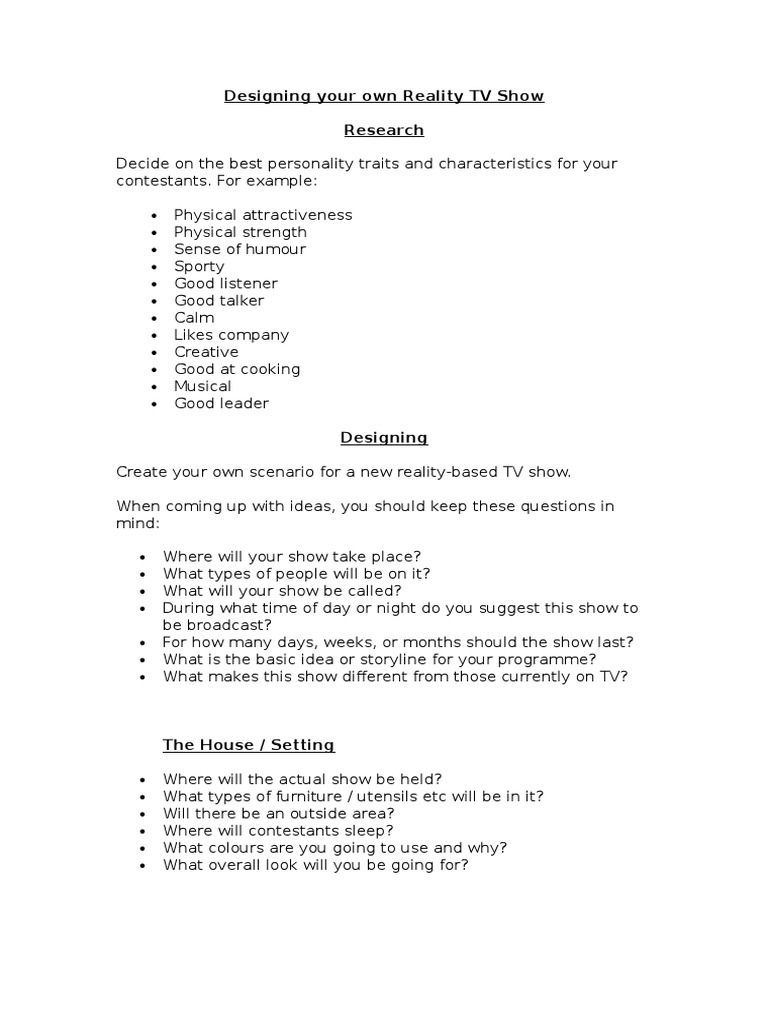 Designing Your Own Reality TV Show | PDF