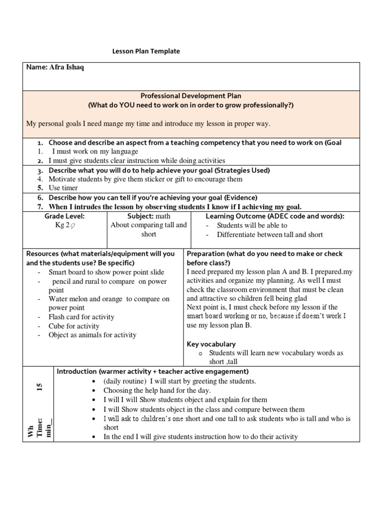 Lesson Plan Math Comparing Tall and Short | PDF | Lesson Plan | Applied ...