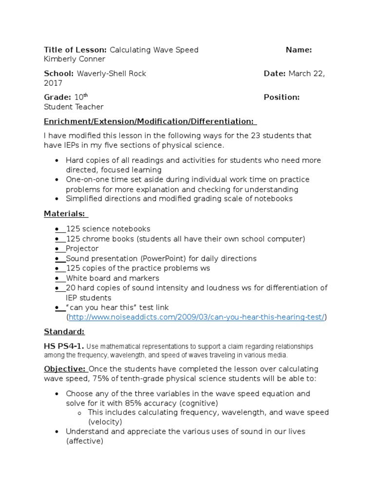 Speed of Sound Calculations Lesson Plan | PDF | Waves | Frequency