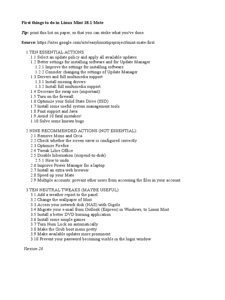 Checklist Linux Mint Mate v28 | PDF