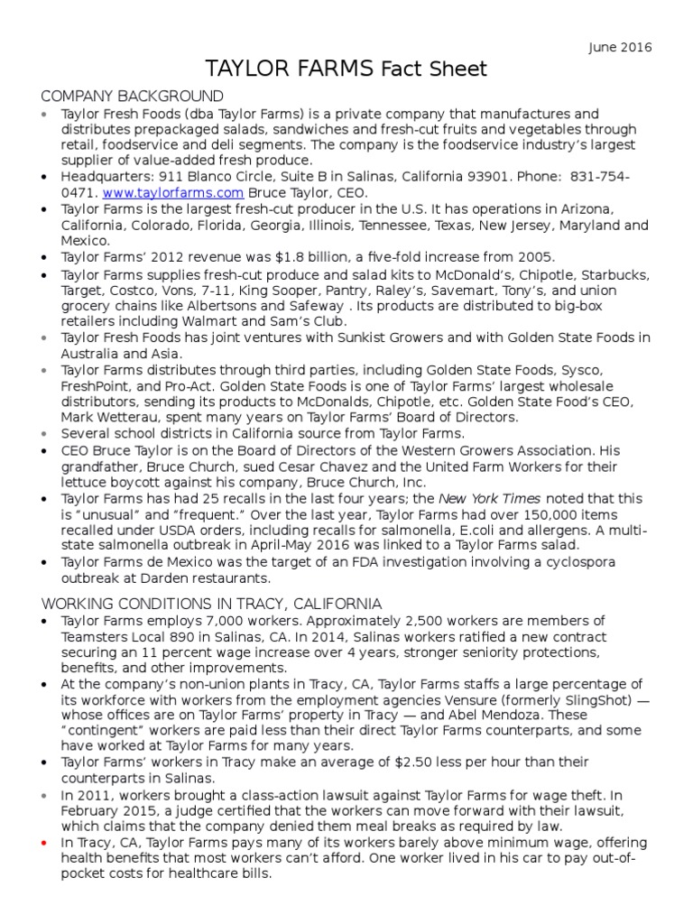 Taylor Farms Fact Sheet June 2016 | PDF | Temporary Work | National ...
