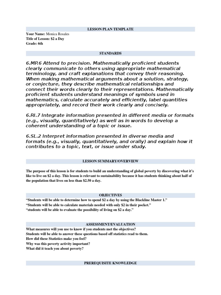 Lesson Plan - 2 Dollars A Day | PDF | Poverty | Poverty & Homelessness