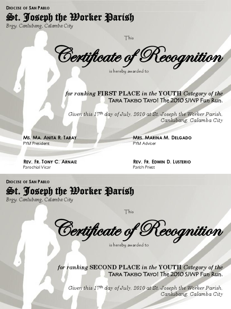 Certificate For Fun Run | PDF | Parish | Honorifics