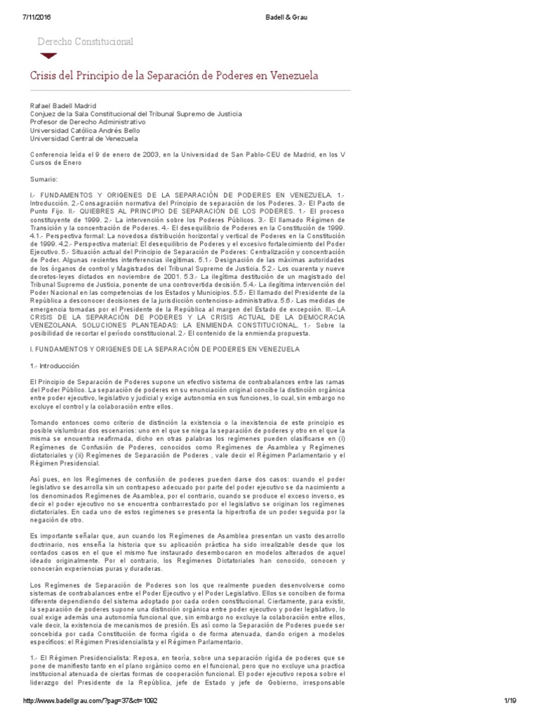 Lectura Separacion De Los Poderes Pdf Constitución Separación De