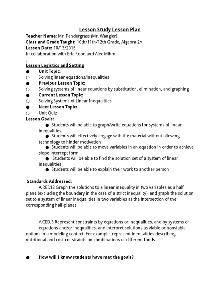 Algebra 2A: Linear Inequalities Lesson Plan | PDF | Inequality ...
