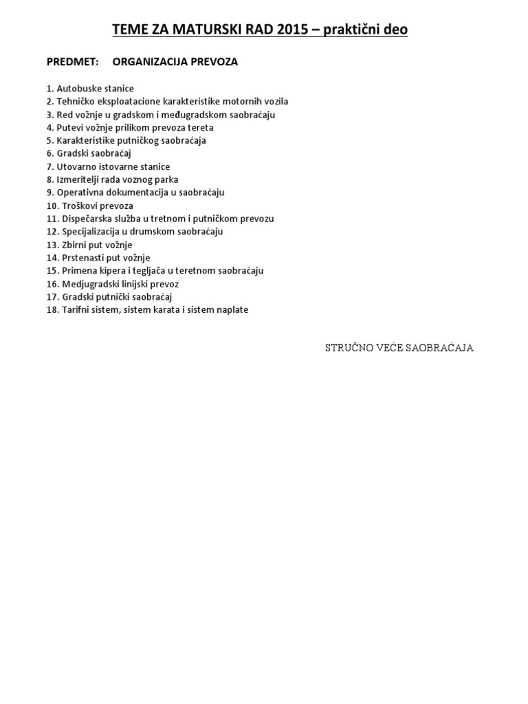 Maturski-Saobracaj-Prakticni Rad-Organizacija Prevoza 2015 Koncept Tema PDF | PDF