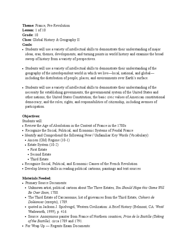 France, Pre-Revolution Lesson Plan | PDF | France | French Revolution