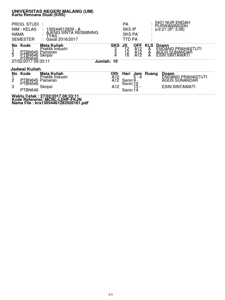 Universitas Negeri Malang (Um) : Kartu Rencana Studi (KRS) | PDF