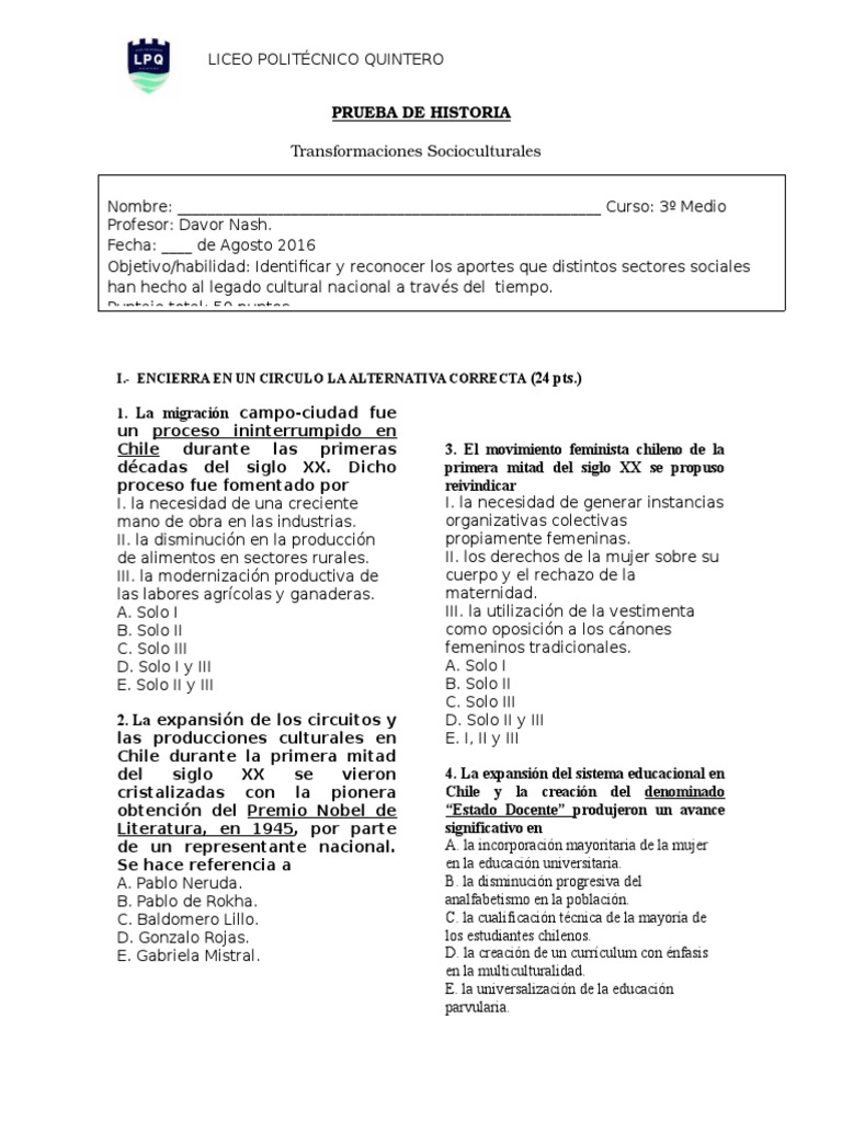 4ta Prueba 3°medio | PDF