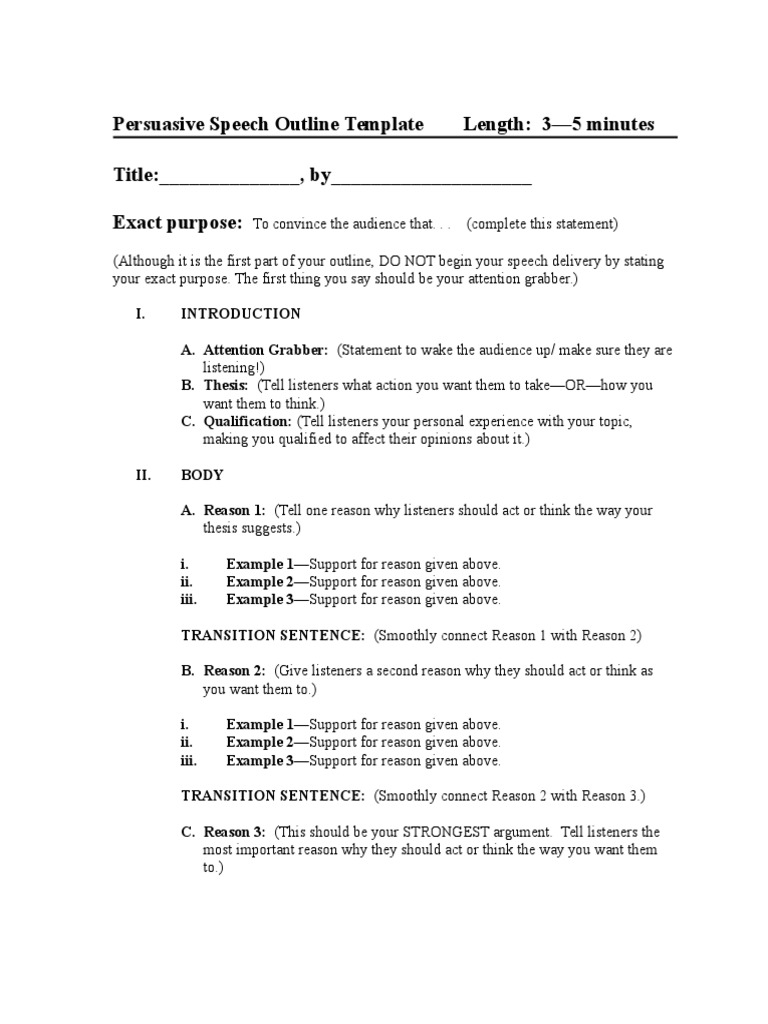 Persuasive Speech Outline Template Length: 3-5 Minutes Title: - , by ...