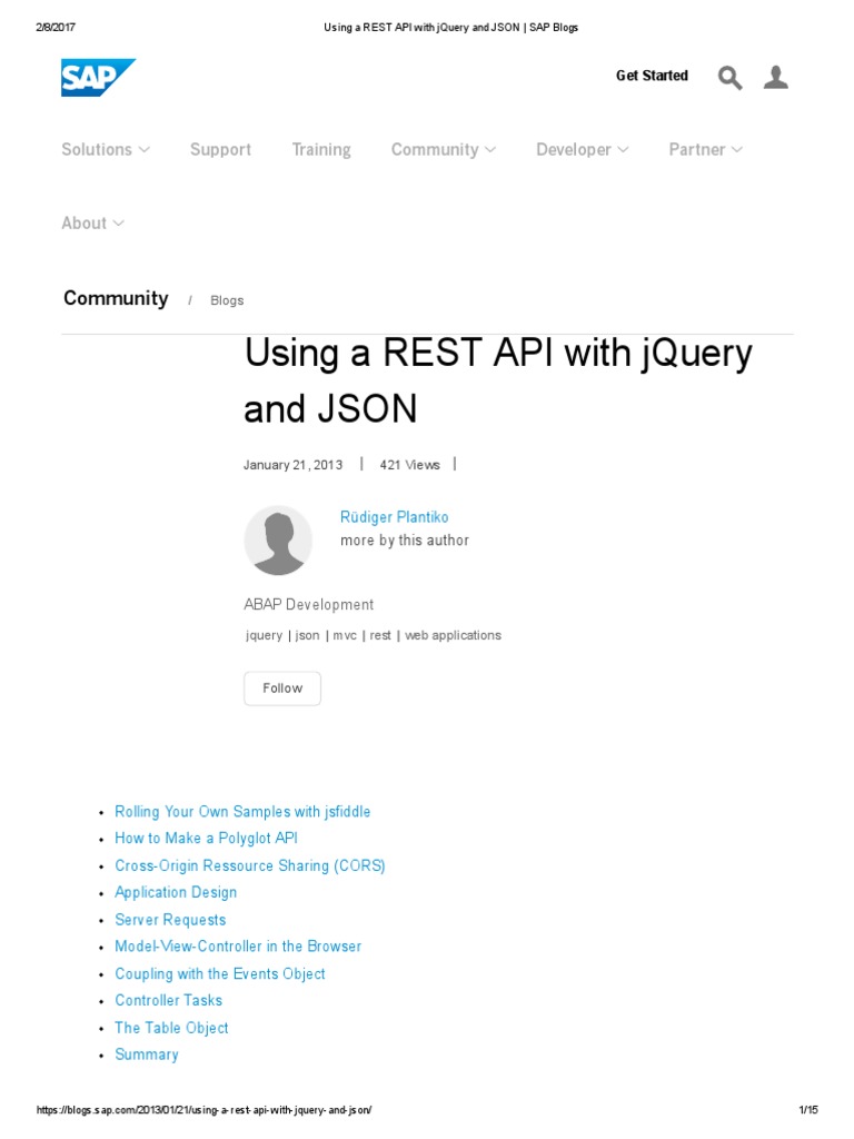 Using A REST API With JQuery and JSON - SAP Blogs | PDF | Json ...