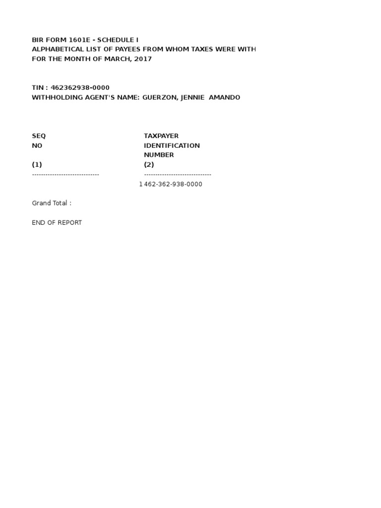 Bir Form 1601E - Schedule I Alphabetical List of Payees From Whom Taxes ...