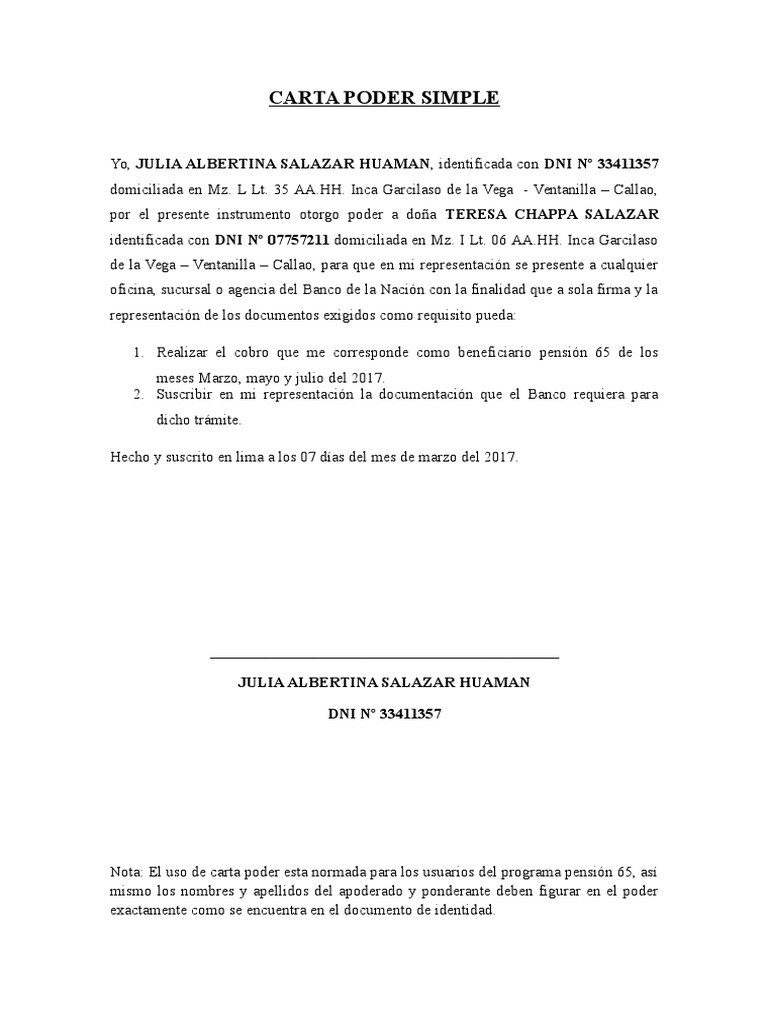 Carta Poder Pension 65 | PDF | Autenticación | Gobierno y personalidad