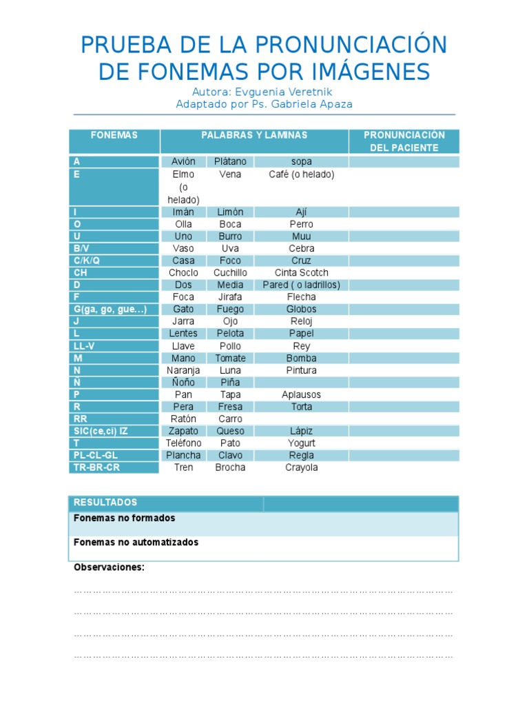Prueba de La Pronunciación de Fonemas Por Imágenes | PDF