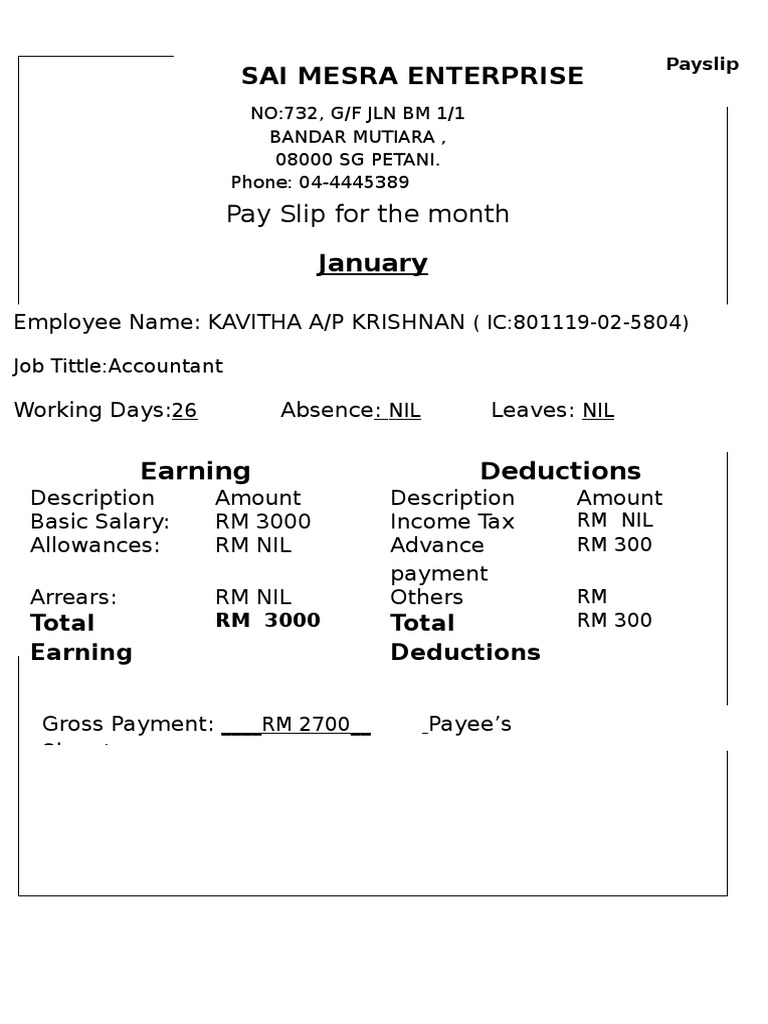 Sai Mesra Enterprise: Pay Slip For The Month | PDF