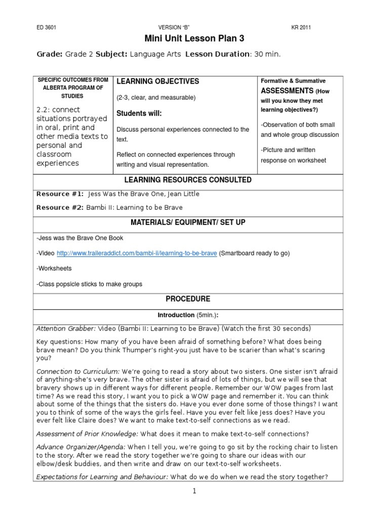 Connect To Text La Lesson Plan Jess Was The Brave One | PDF ...