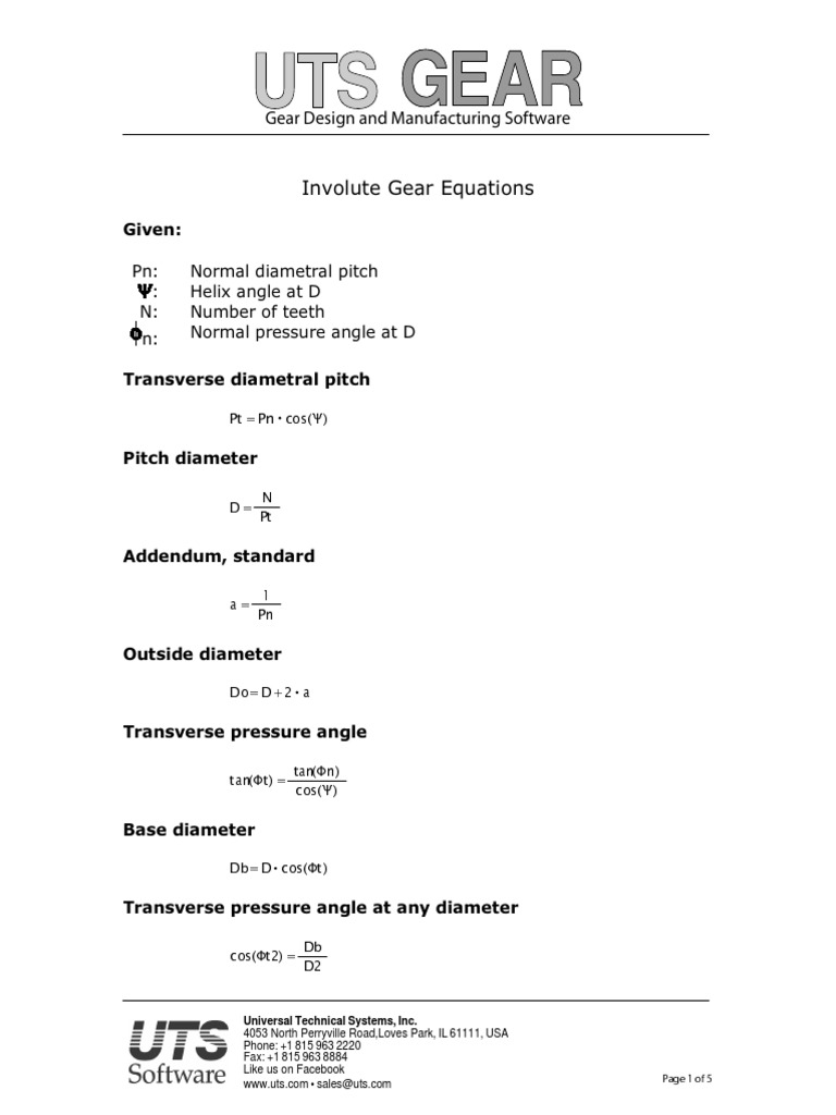 Gear Formulas For Involute Gears | PDF