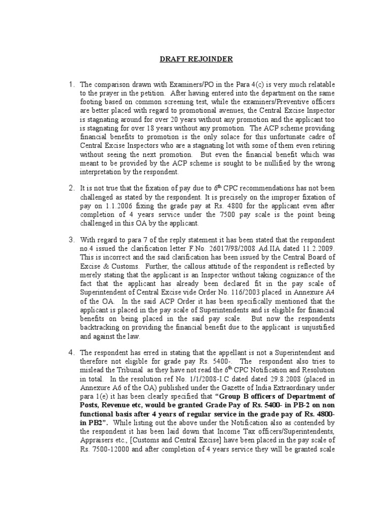 Draft Rejoinder To Cat | Download Free PDF | Government | Justice