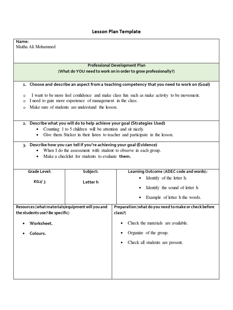 lesson plan letter h | Lesson Plan | Educational Assessment
