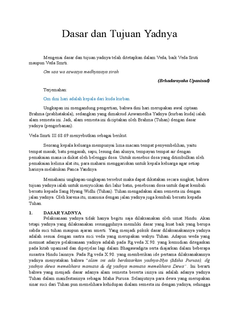Dasar Dan Tujuan Yadnya | PDF