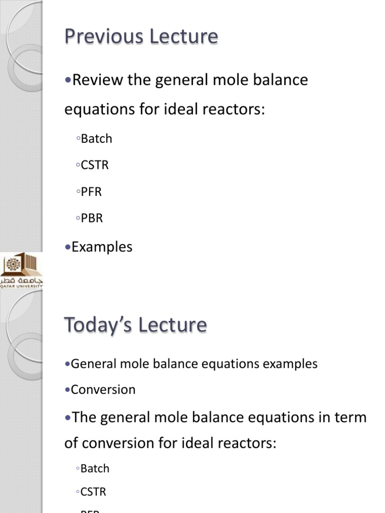 Ideal Reactor Mole Balance Equations | PDF | Chemical Reactor ...