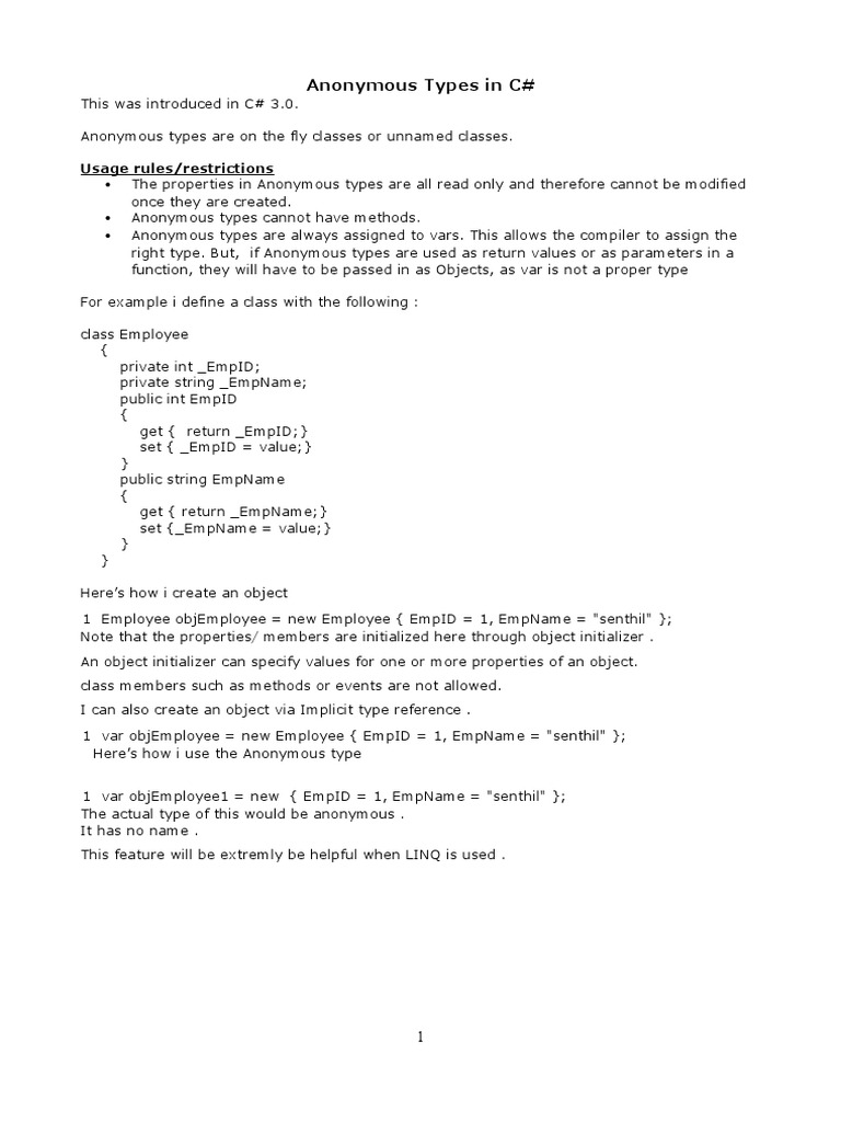 Anonymous Types in C#: Usage Rules/restrictions | PDF