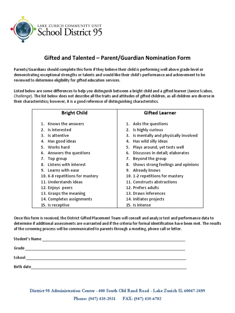 Gifted and Talented - Parent Nomination Form Final | Intellectual ...