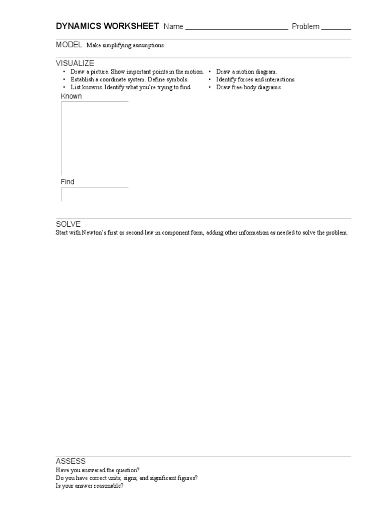 Dynamics Worksheet: Name Problem Model Visualize | PDF