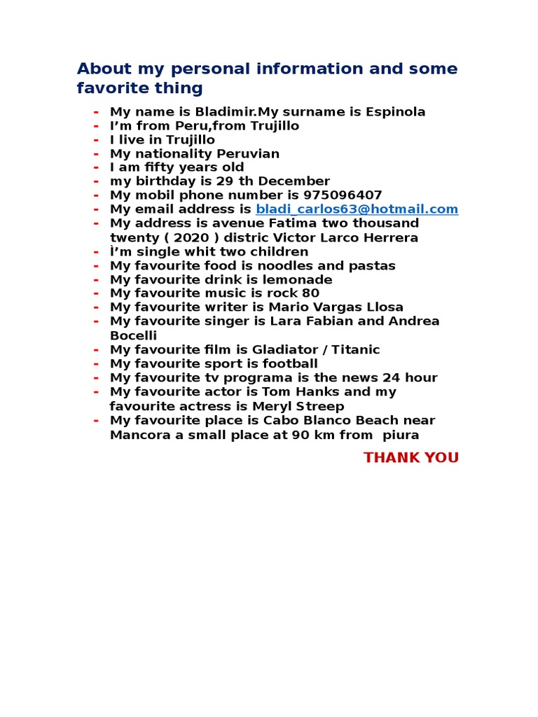 About My Personal Information and Some Favorite Thing: Thank You | PDF