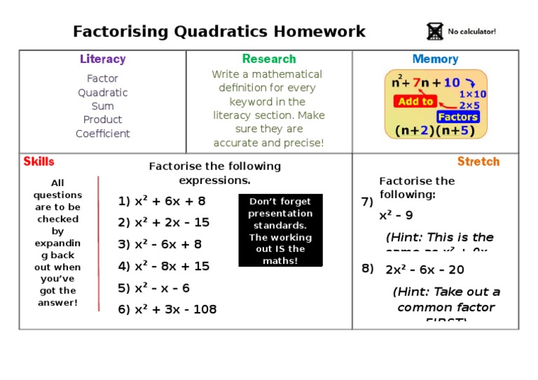 Factorising Quadratics Pdf Factorization Algebra