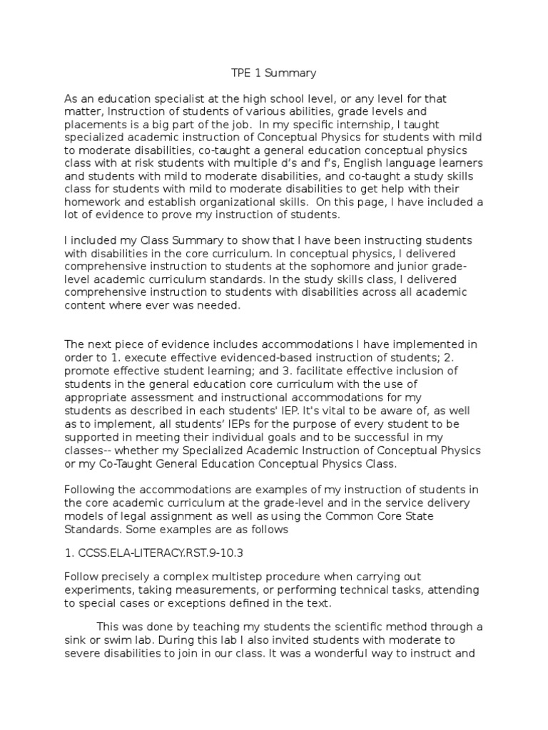Tpe 1 Summary | PDF | Curriculum | Individualized Education Program