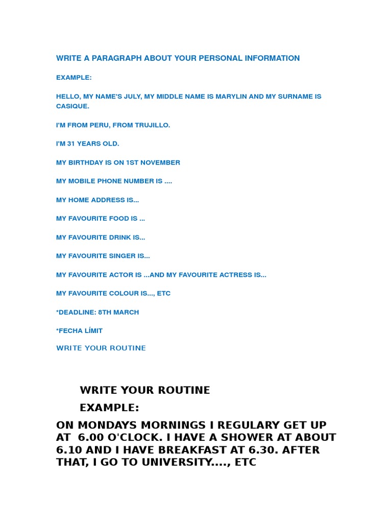 Write a Paragraph About Your Personal Information