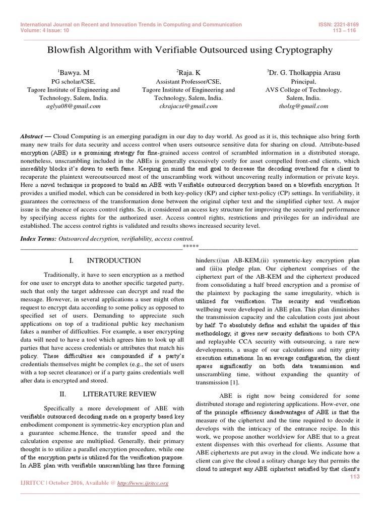 Blowfish Algorithm With Verifiable Outsourced Using Cryptography | PDF