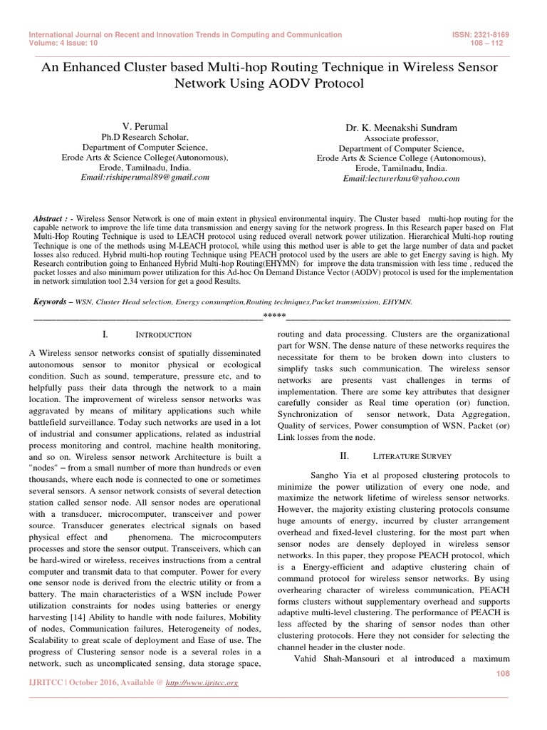 An Enhanced Cluster Based Multi-Hop Routing Technique in Wireless Sensor Network Using AODV ...