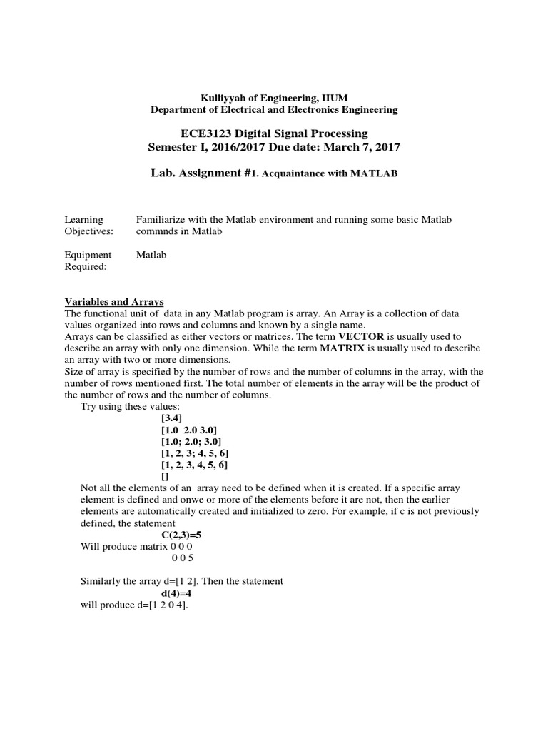 MATLAB Arrays and Functions Lab Assignment | PDF | Matlab | Matrix ...