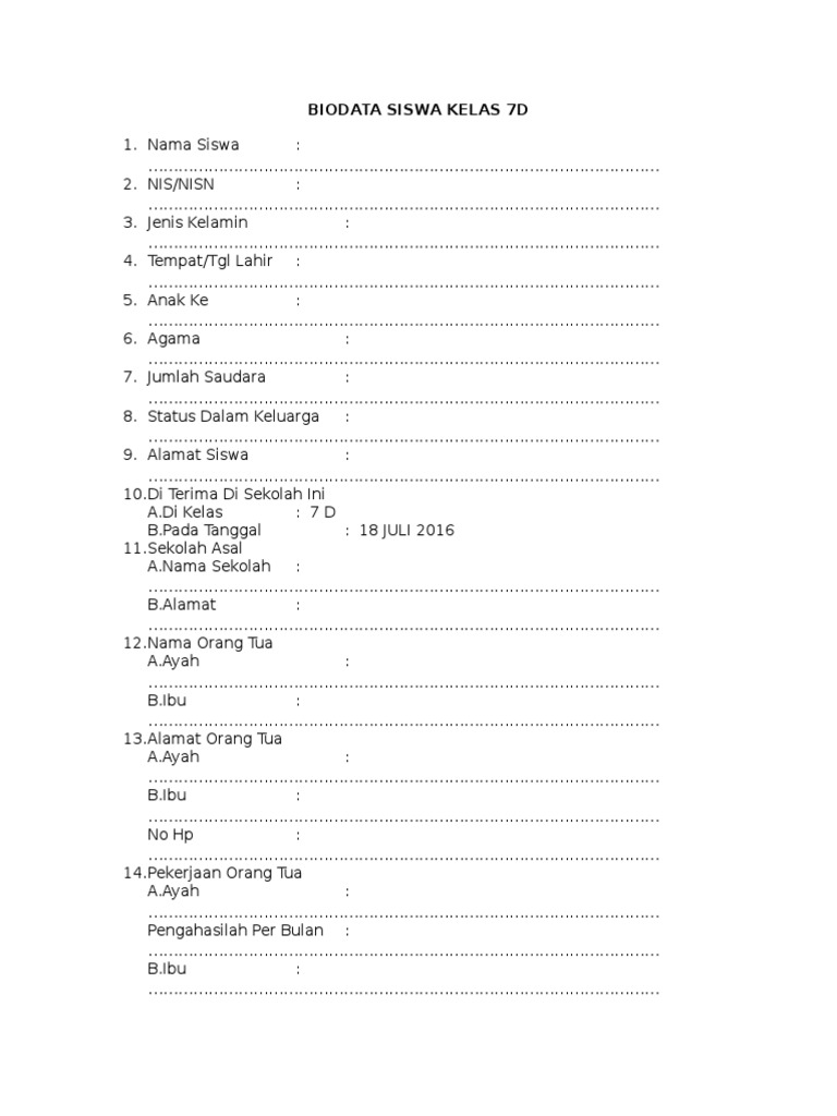 Biodata Siswa Kelas 7d | PDF