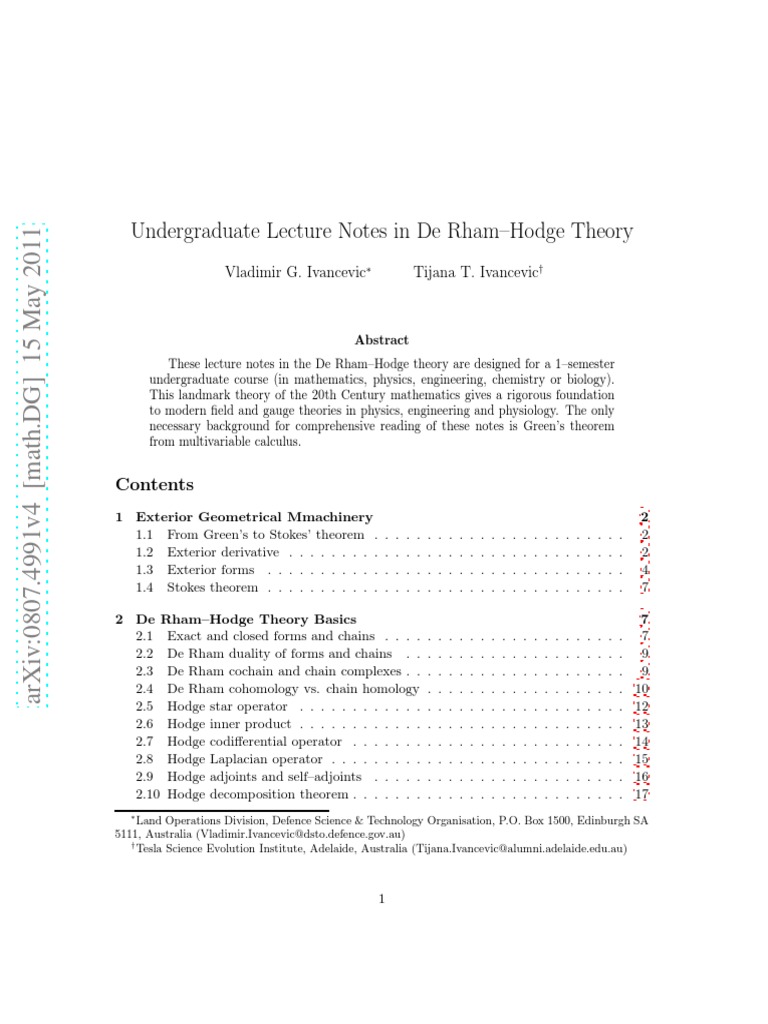 De Rham-Hodge Theory Lecture Notes | PDF | Differentiable Manifold ...