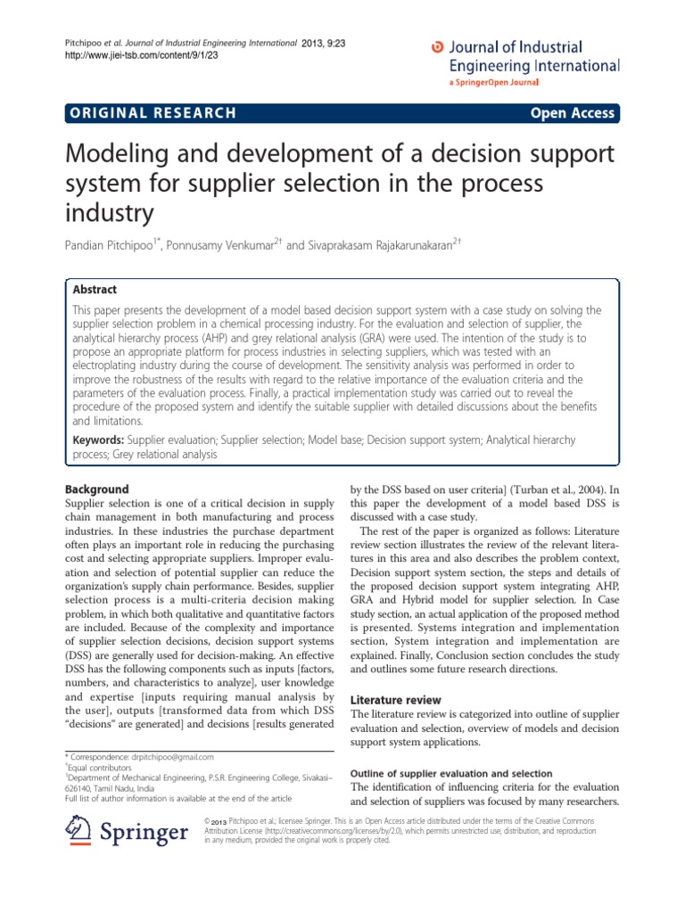Modeling and Development of A Decision Support System For Supplier ...